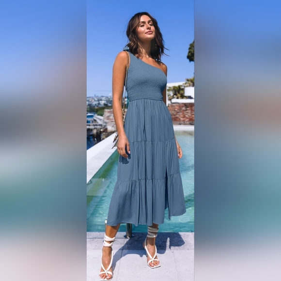 Merokeety | Dresses | Merokeety Dusty Blue One Shoulder Midi Dress ...